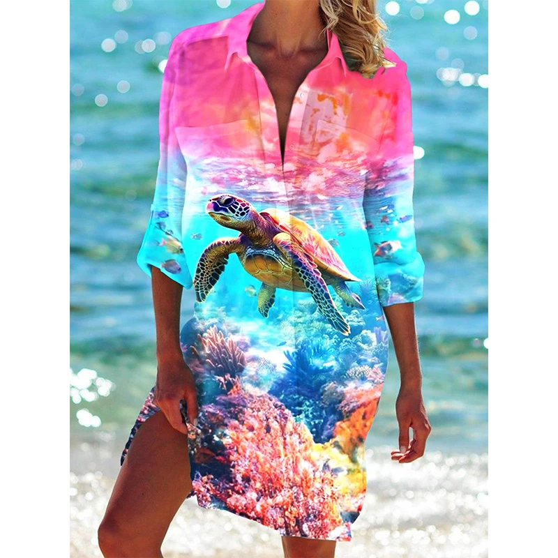 Sea Turtles 3D Print Beach Blouses Summer Women Long Sleeve Mid-length ...