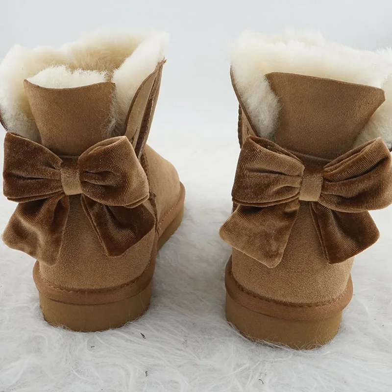 New Classic Velvet Bow 100% Genuine Sheepskin Leather Snow Boots ...