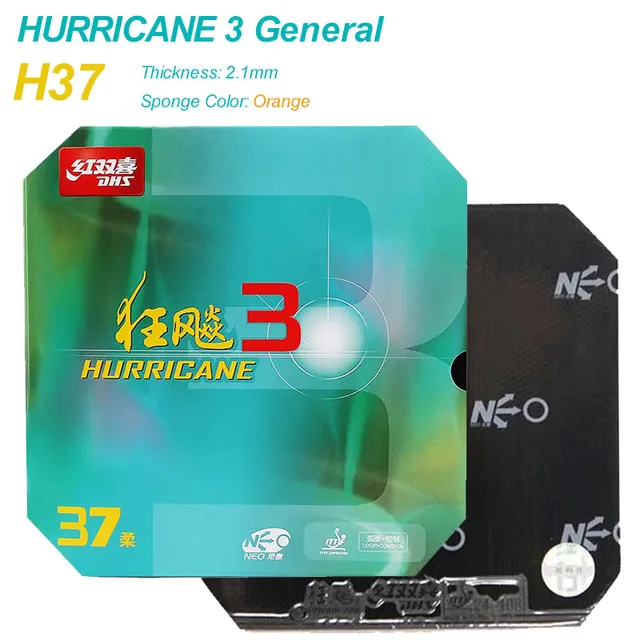 DHS Hurricane 3 H37 Table Tennis Rubber Provincial National Ping Pong Rubber Blue/Orange Sponge ...