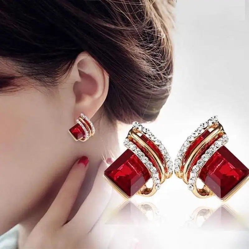 Luxury Fashion Red Crystal Earrings Large Gems Earrings for Women ...