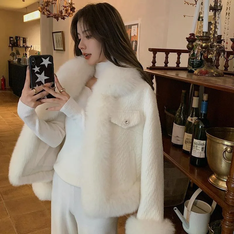 2022-New-Fox-Fur-Faux-Fur-Coat-Women-s-Glitter-Short-Splice-Woolen ...