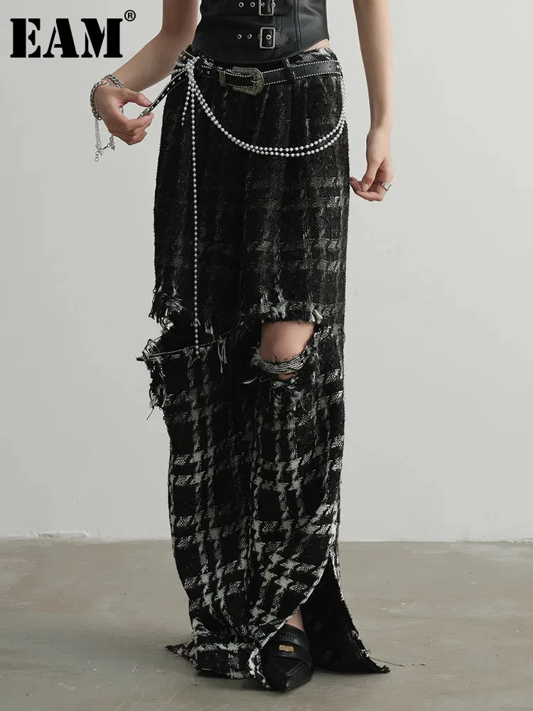 EAM-High-Waist-Black-Plaid-Holes-Burr-Long-Wide-Leg-Pants-New-Loose-Fit ...