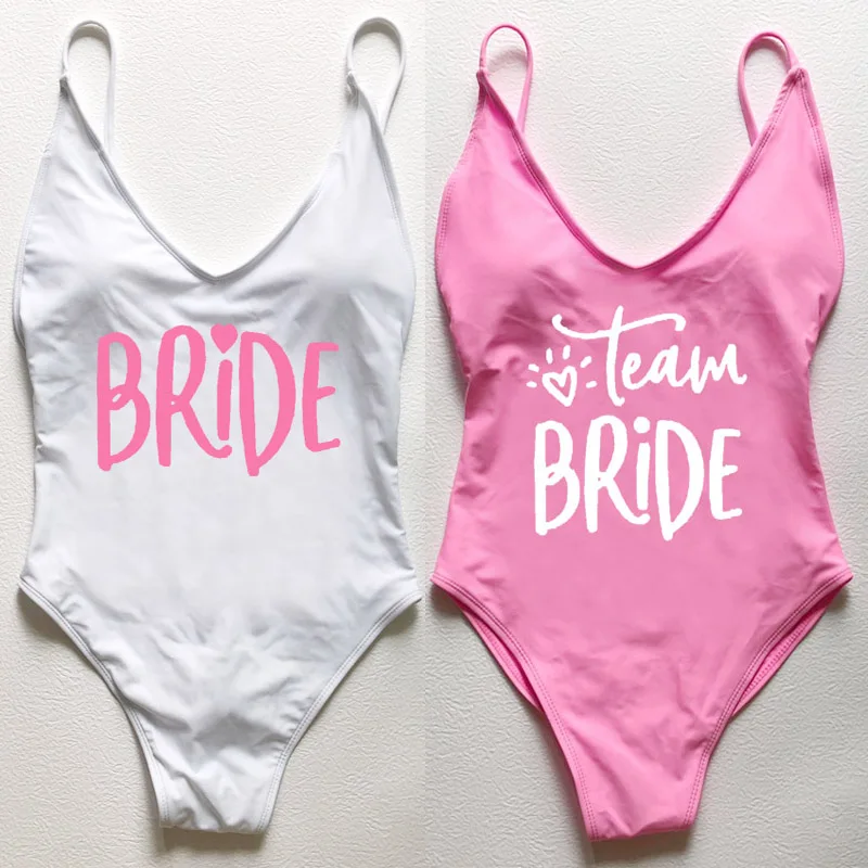 Sexy Padded Swimwear Women Team Bride Love Print One Piece Swimsuit ...