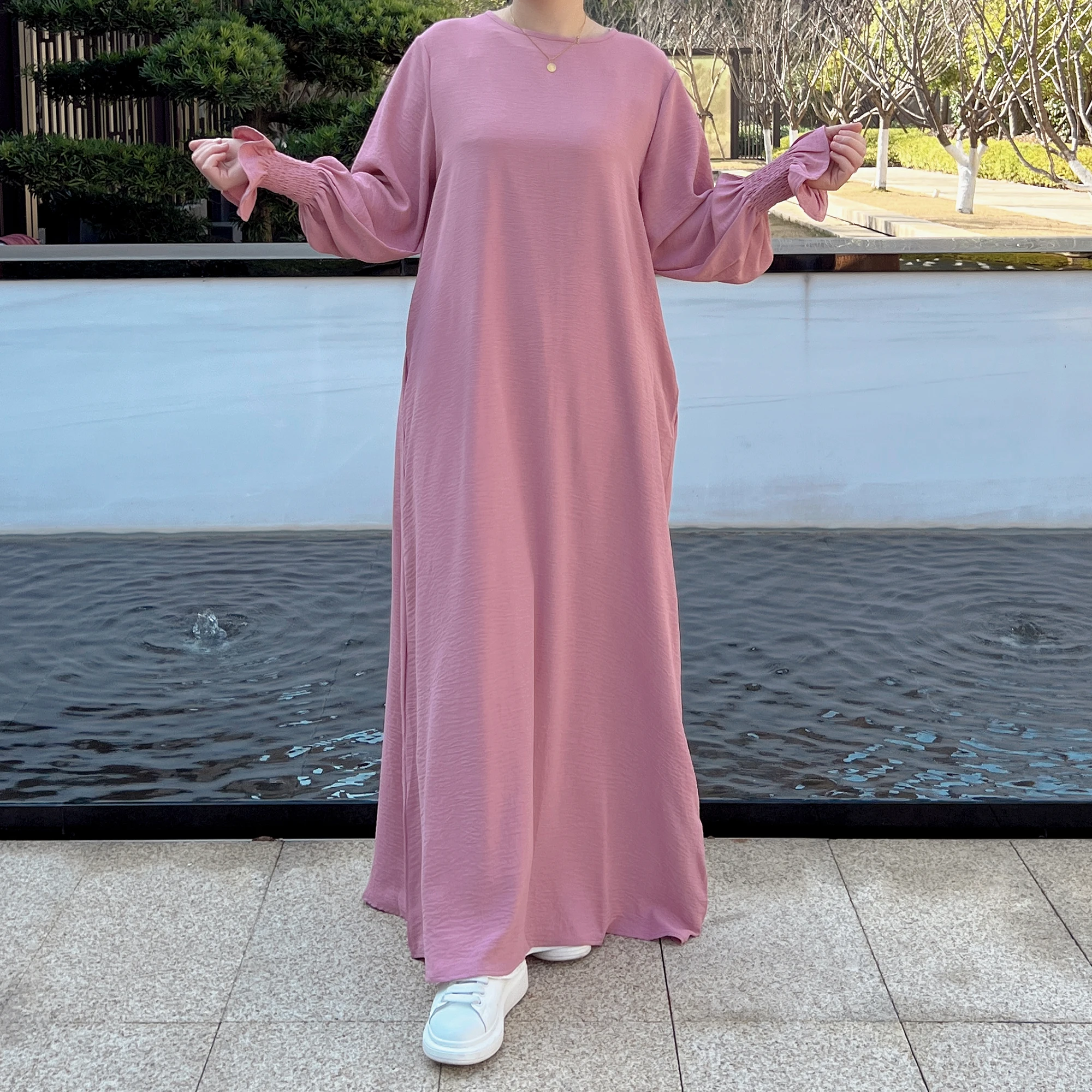Under Abaya Inner Long Slip Dress Solid Color Smocked Cuffs Islamic ...