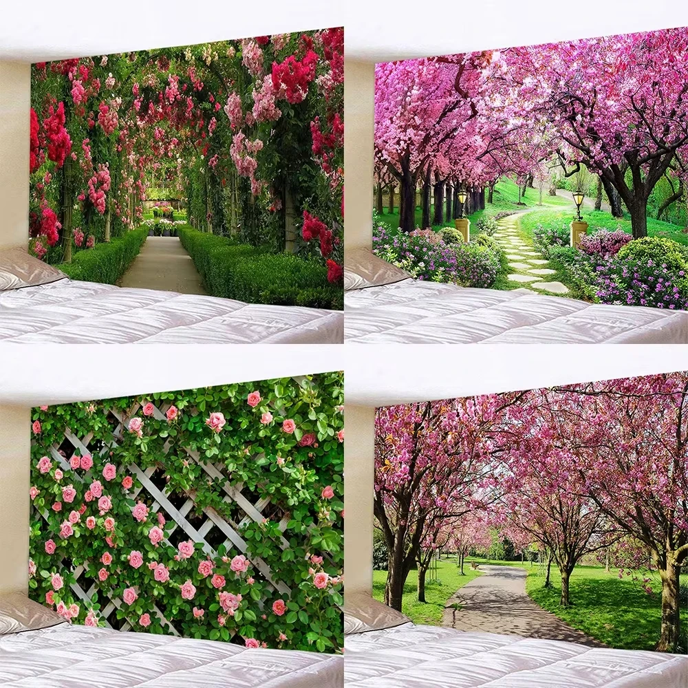 VIKAMA Garden Arch Tapestry Red And Pink Roses Climbing Vine Hedge ...