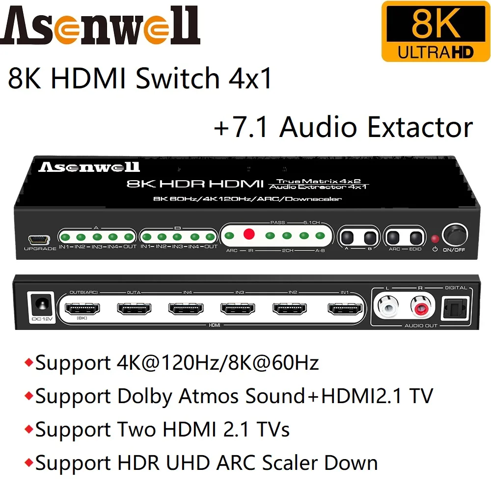 HDMI2.1 Switcher 4 1 Out HDMI Audio Extractor Dolby Atmos 7.1 ses HDMI ...