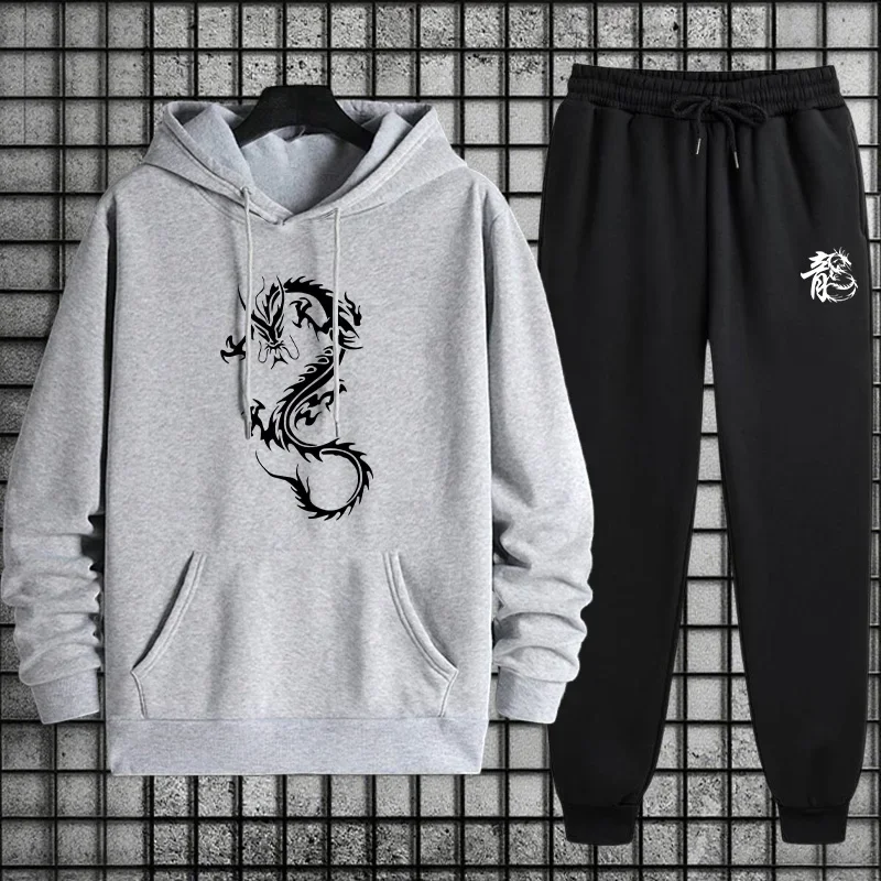 Chinese Dragon Men's Tracksuit Set Relaxed Hoodie and Elastic Waist ...