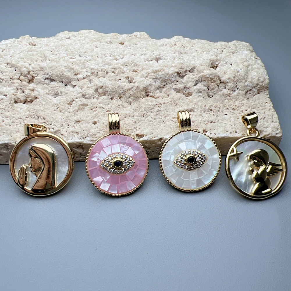 Round Evil Eye Pendants Sea Shell Pray Virgin Angel Charms For Jewelry ...