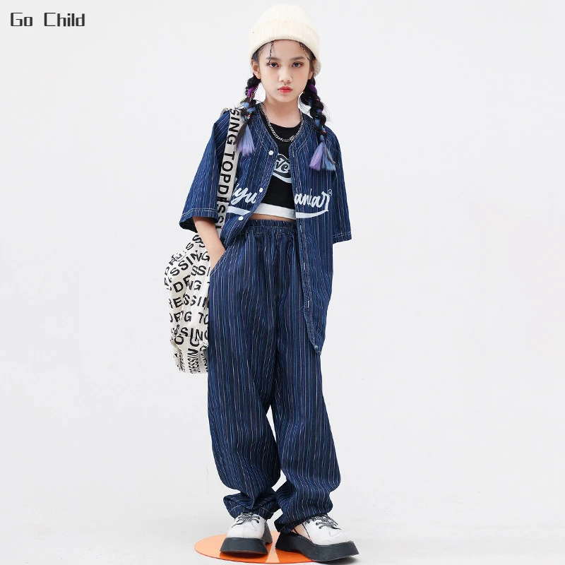 Hip-Hop-Girls-Striped-Loose-Jeans-Jacket-Kids-Shirt-Street-Dance-Denim ...