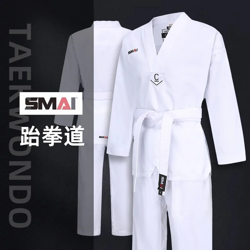 SMAI White V-Neck TKD UNIFORM CLASSIC - 8OZ RIBBED STUDENT DOBOK Unisex ...