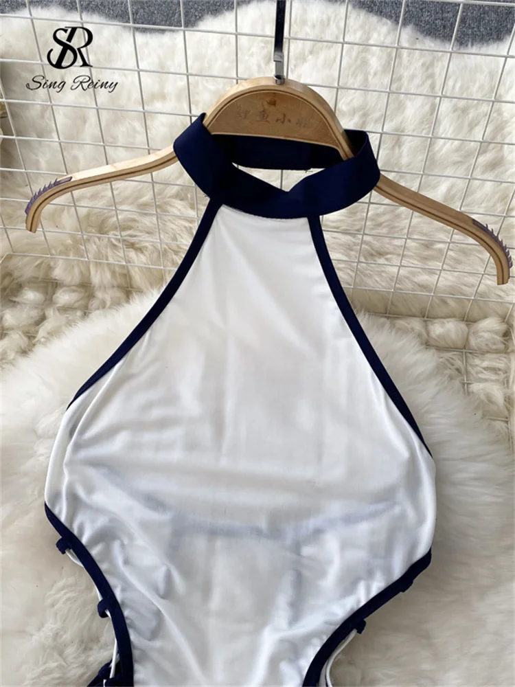 Singreiny Women Sexy Halter Playsuits Fashion Drawstring Lace Up Design