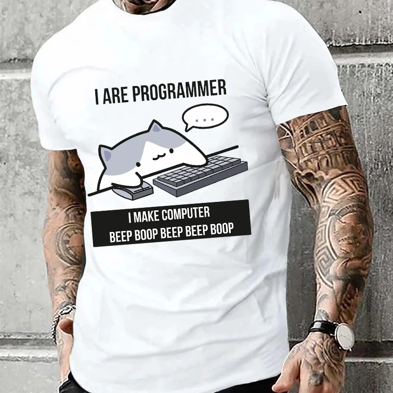 2024-T-shirt-for-Men-Summer-New-Fashion-Men-s-Cat-Programmer-Print ...