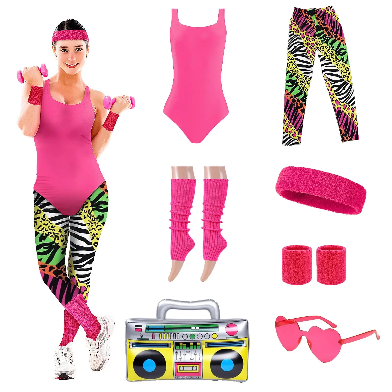 80s 90s Workout Costume for Women Fancy Dress Neon Leotard Halloween ...