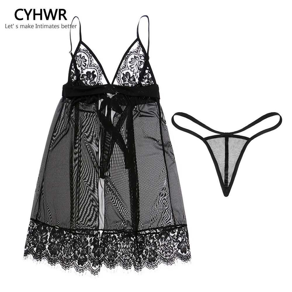 CYHWR Sexy See Through Lace Deep V Nightdress Ladies Mesh Breathable ...