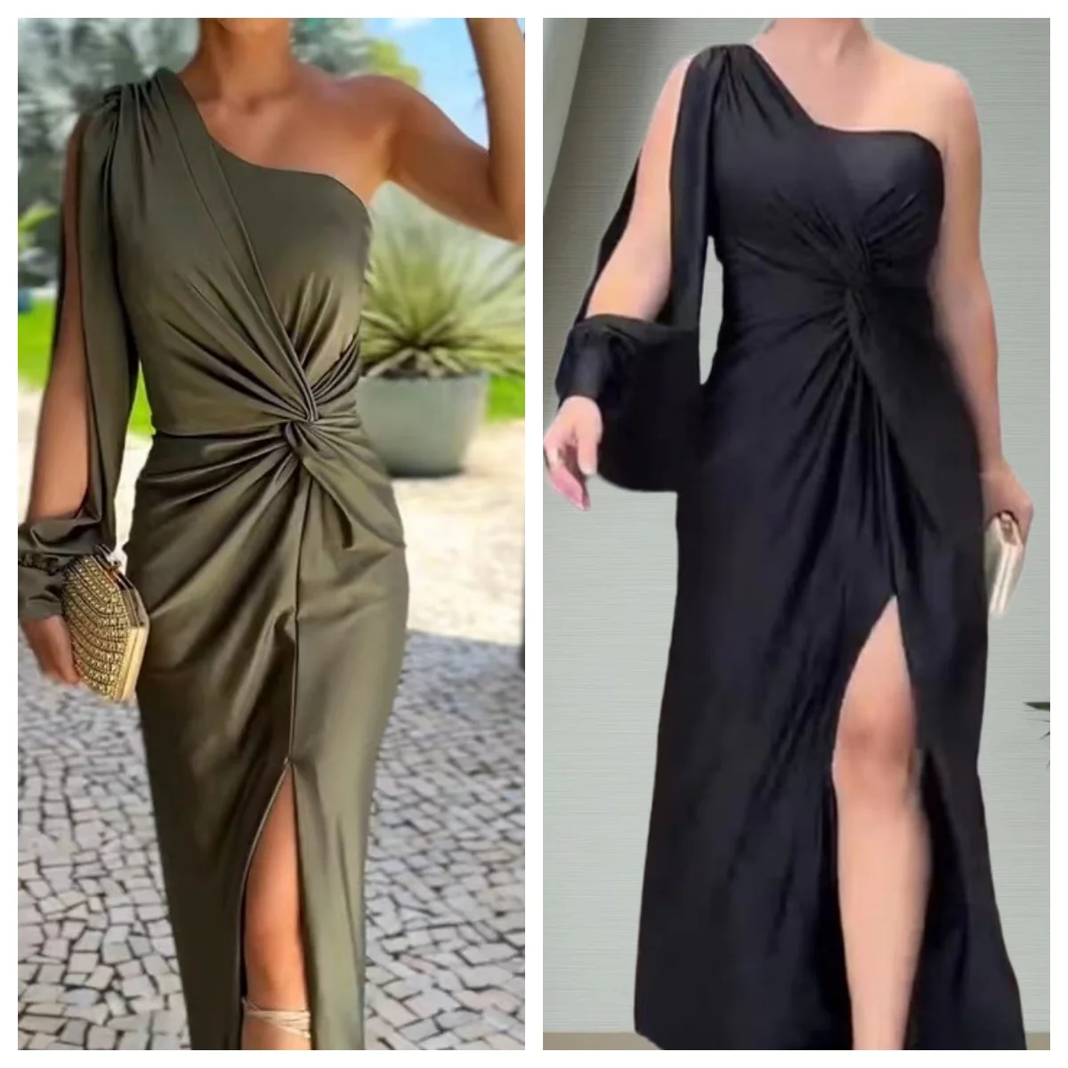 Maxi Dresses for Women Single Shoulder Sleeve Slit Cut Sexy Dress ...