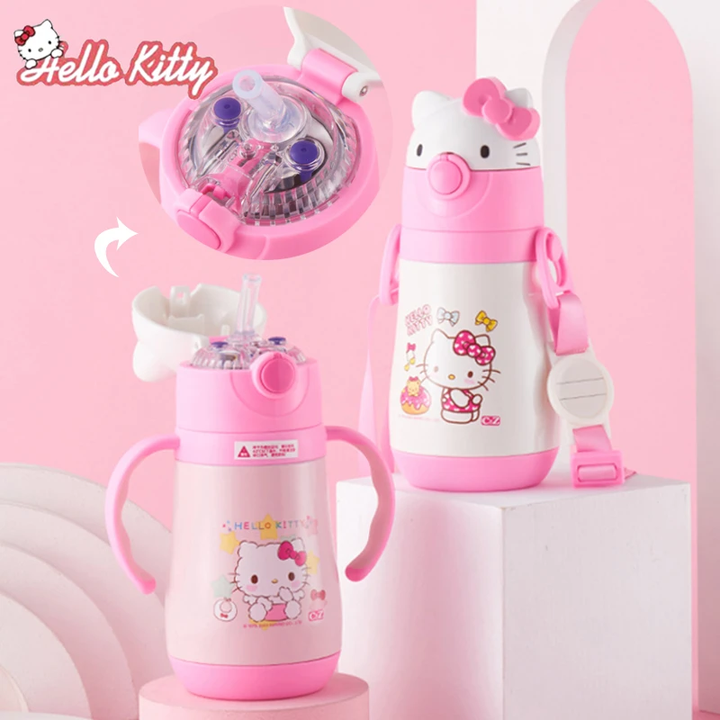 Hello Kitty Children Thermos Cup with Straw Dual use Portable 316 Stainless Steel Smart ...