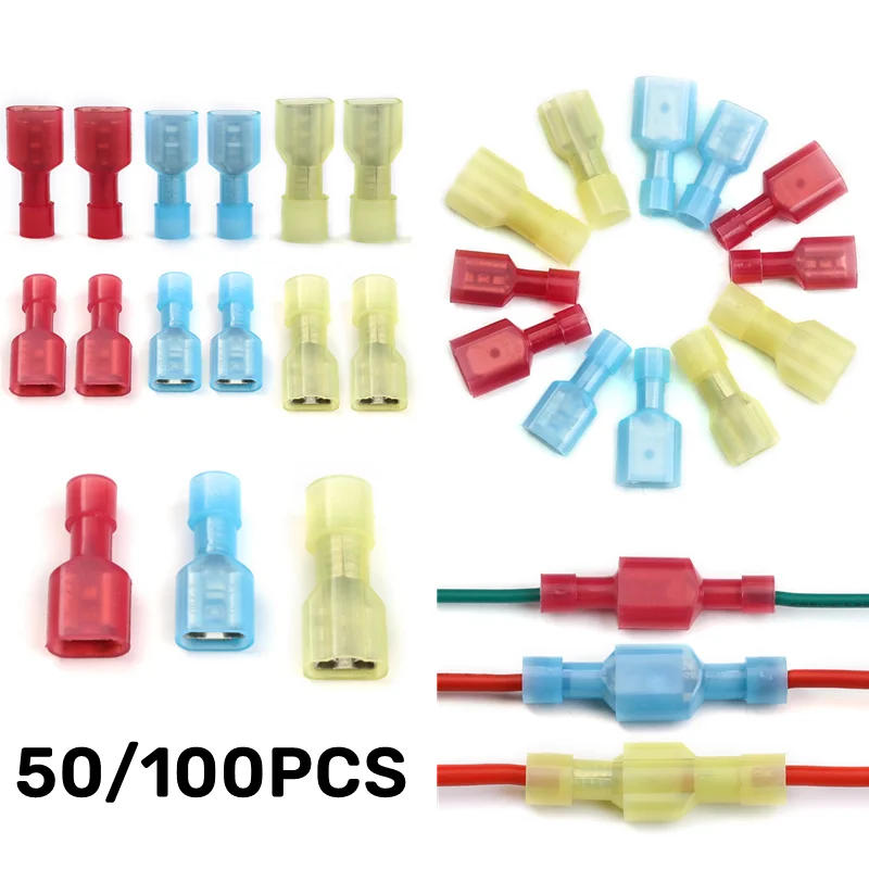 50-100PCS-Nylon-Brass-Crimp-Spade-Terminal-Fully-Insulated-Electrical ...