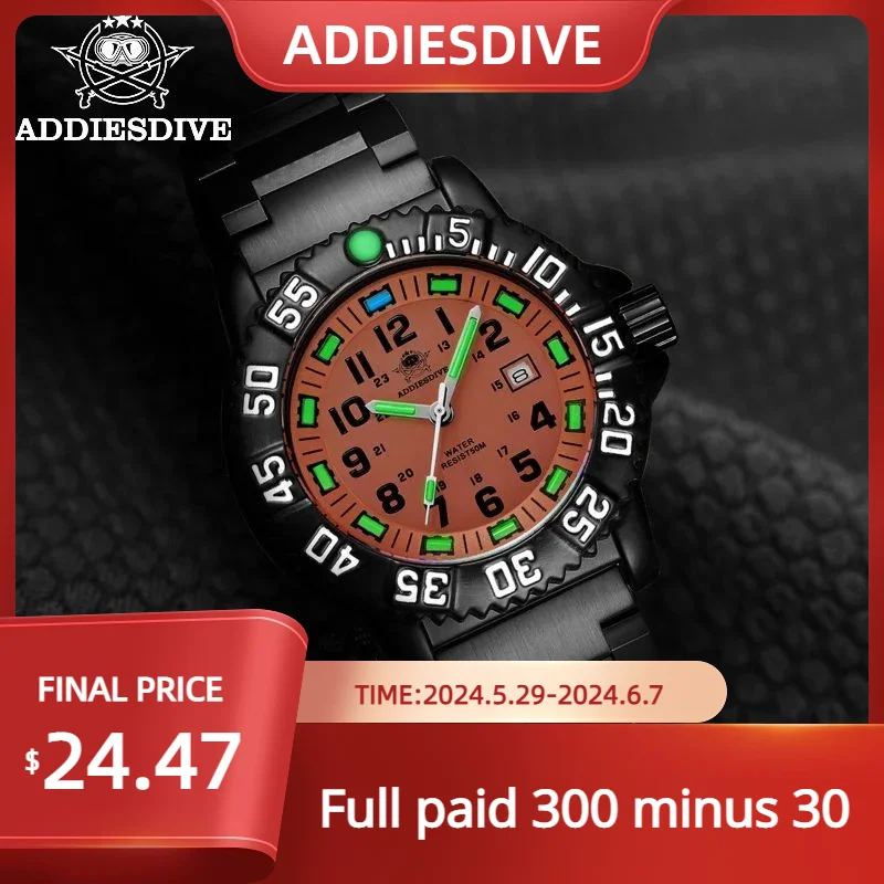 ADDIESDIVE-50M-Diving-Orange-Dial-Men-Quartz-Watch-Calendar-Display ...