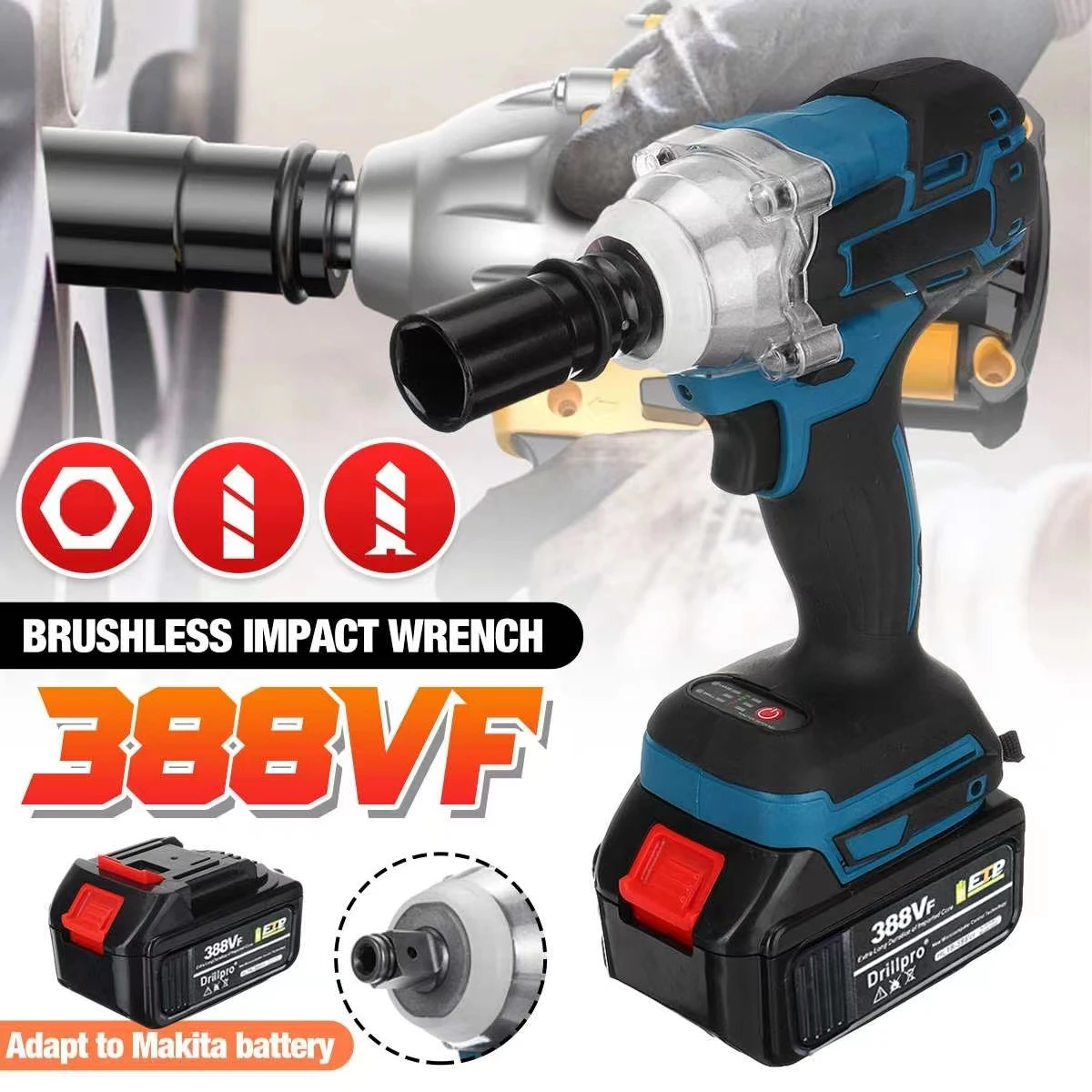 388vf Brushless Cordless Electric Impact Wrench 1/2 Inch Power Tools 15000amh Battery + Sleeve ...