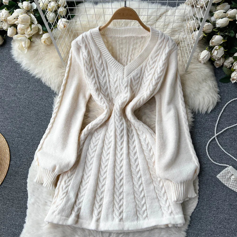 Soft-Warm-Women-Knitted-Dress-Solid-V-Neck-Lantern-Sleeve-A-Line-Bottom ...