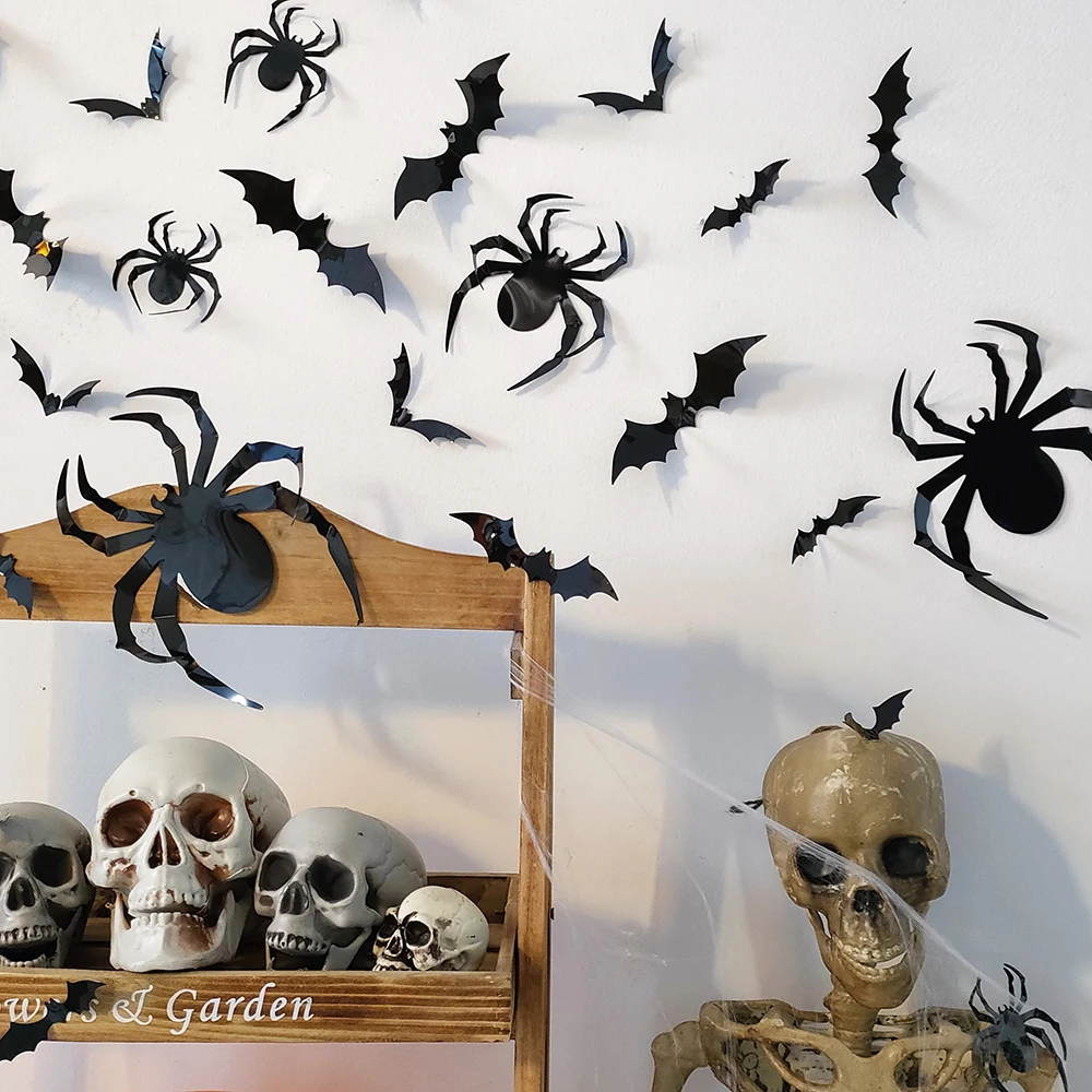 12-48pcs-Halloween-3D-Bat-Spider-Wall-Stickers-Realistic-Black-Bat ...