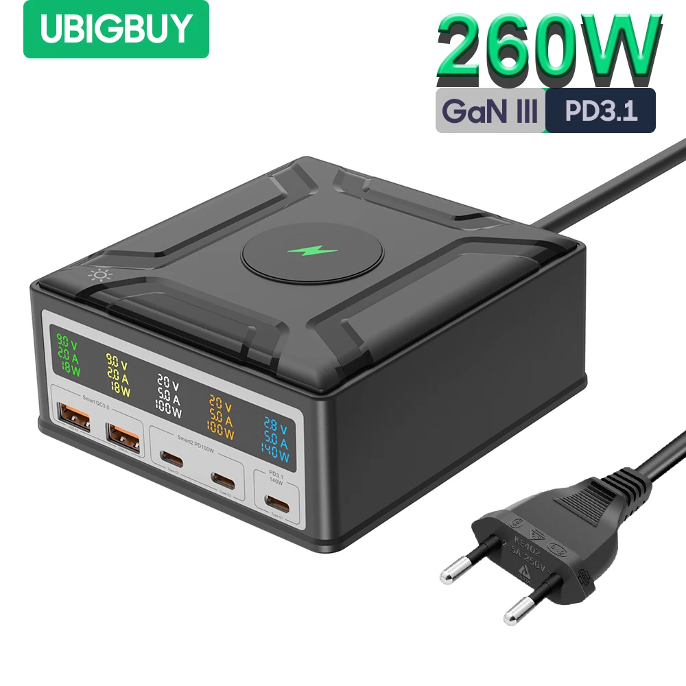 Ubigbuy-260W-USB-C-Desktop-Charger-5-Port-USB-Plus-1-Wireless-Charge ...