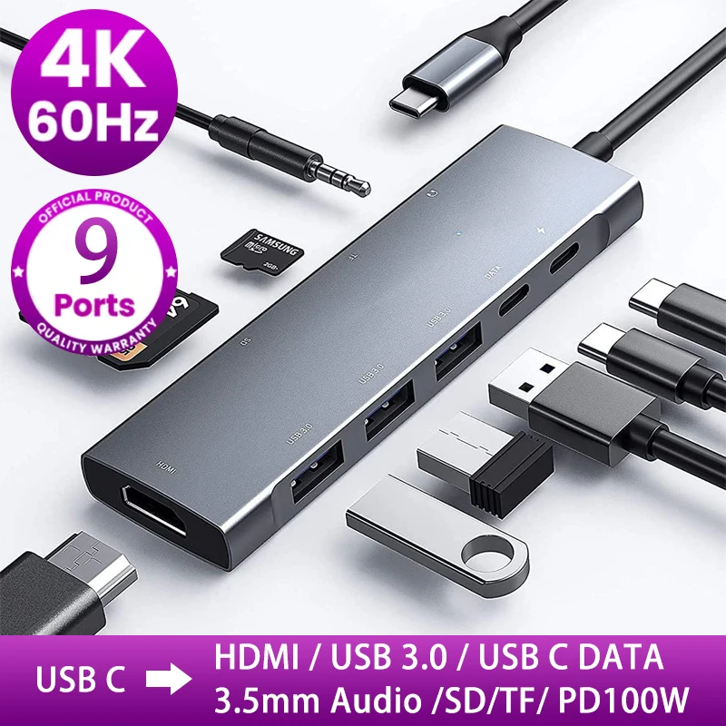 Usb c hub 4k @ 60hz adaptador hdmi, 9in1 usb c hub com áudio de 3.5mm ...