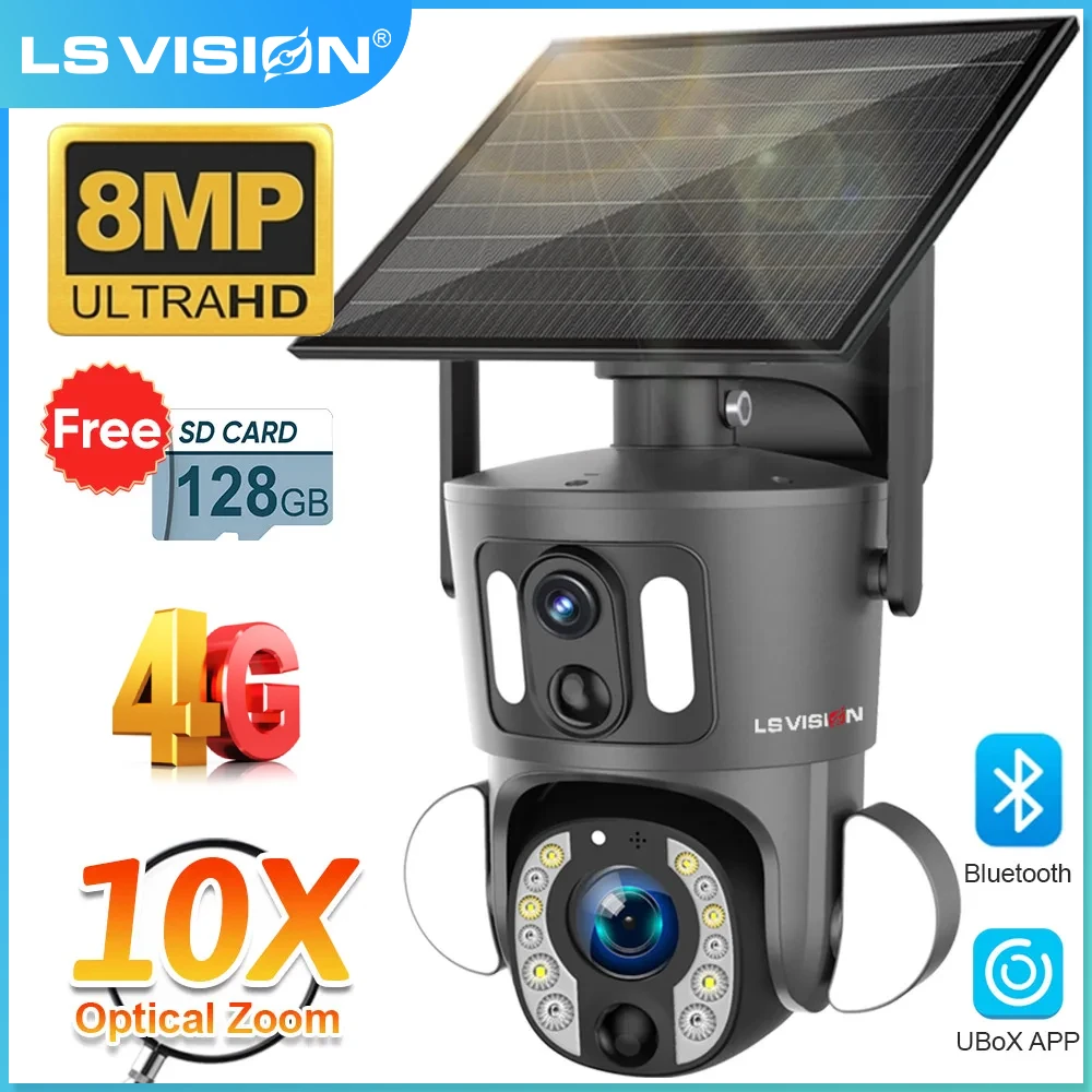 LS VISION 4K Solar Camera 4G sim Card 8MP 10XZoom Outdoor WIFI Camera Dual Lens and PIR ...