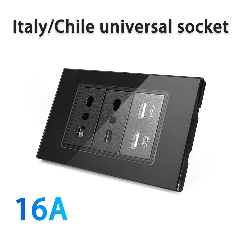 Italy-Chile-16A-socket-tempered-glass-panel-2USB-5V-2-1A-fast-charge ...