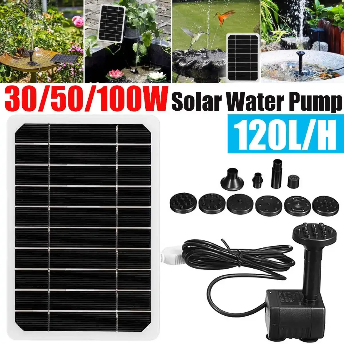 30W/50W/100W Solar Power Panel Water Pump 120L/H Garden Landscape ...