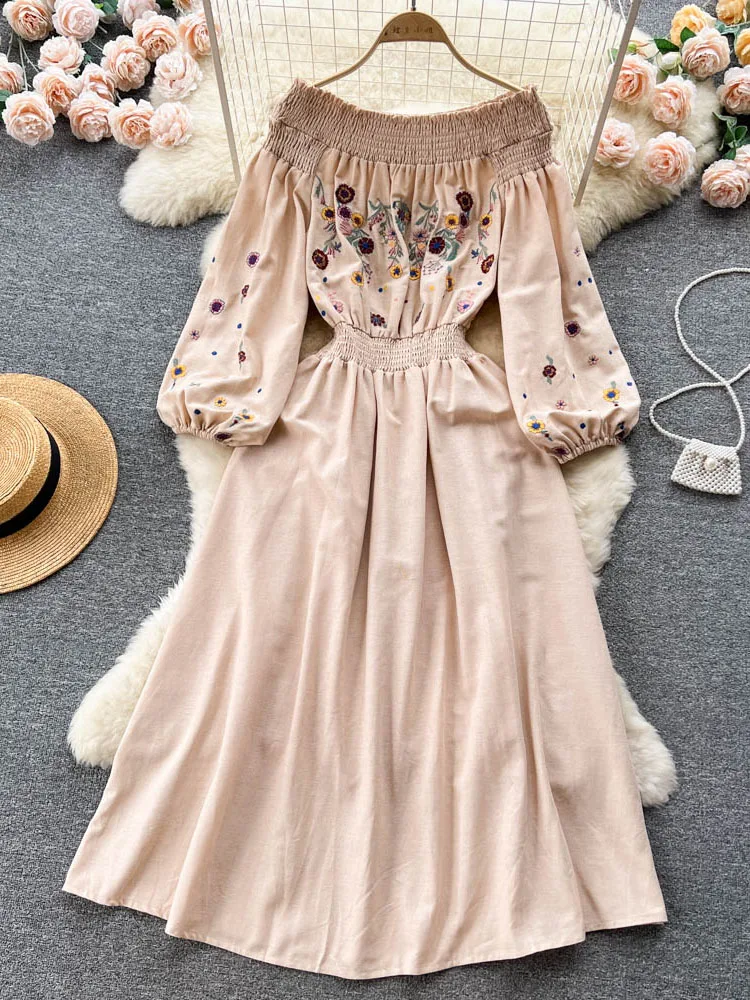 Women-Spring-Dress-Vintage-One-Line-Neck-Embroidered-Pleated-Waist ...