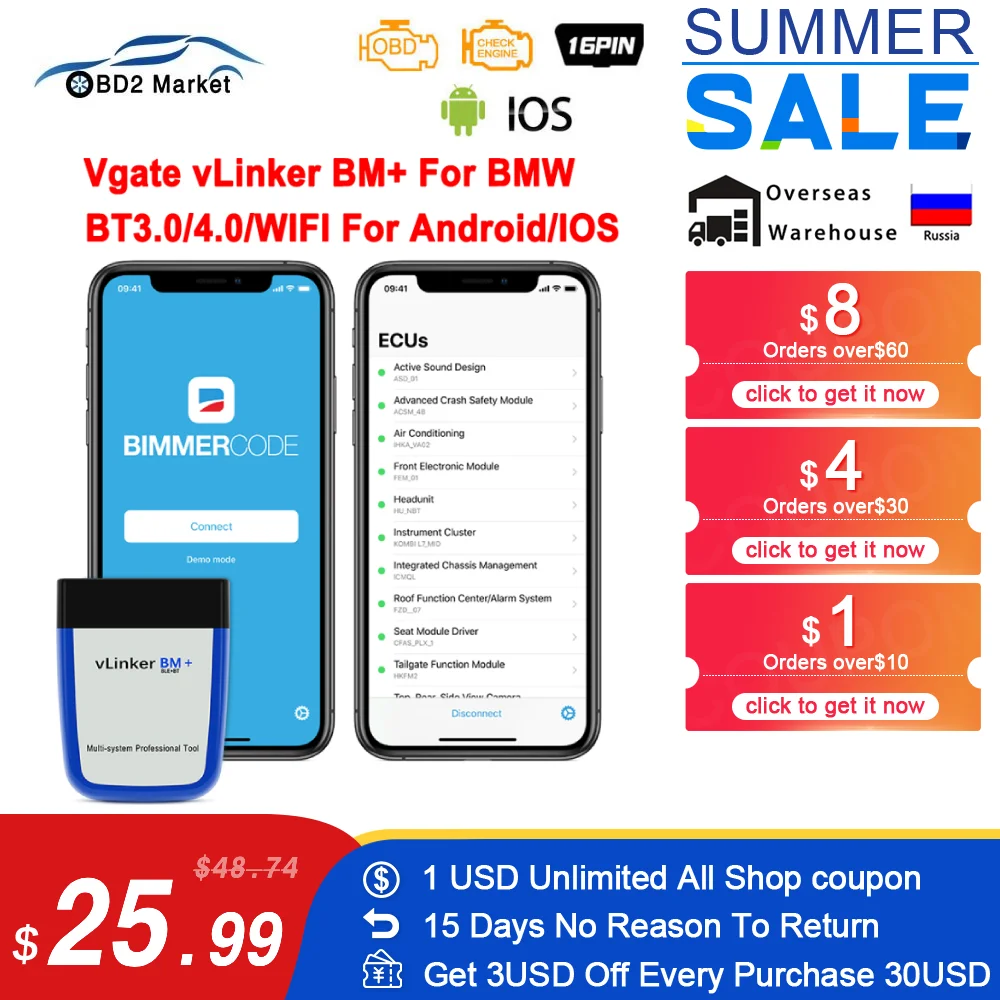 Vgate Vlinker Bm Elm327 Obd 2 Obd2 For Bmw Bimmercode Scan Wifi Bluetooth-compatible Odb2 Car ...