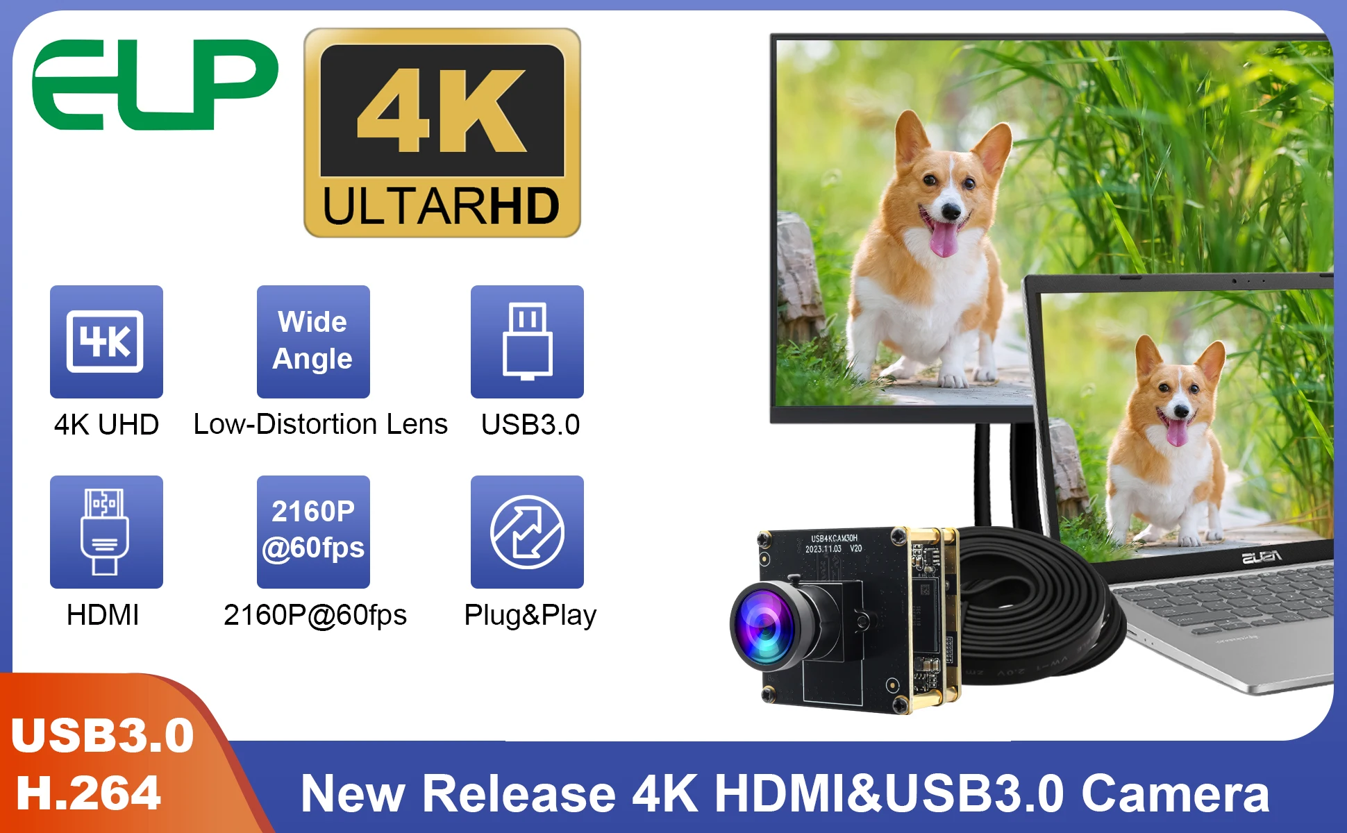 ELP HDMI 4K USB3.0 Camera 60FPS Wide Angle No Distortion Lens H.264 ...
