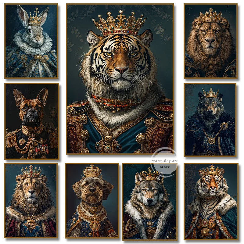 Vintage Aristocrat Lion Rabbit Tiger Dog Wolf King Animal HD Canvas ...