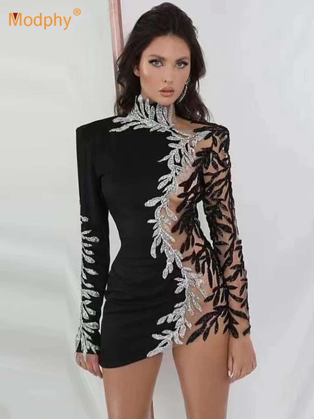 Modphy Sparkles Turtleneck Prom Dresses Black Long Sleeves See Thru ...