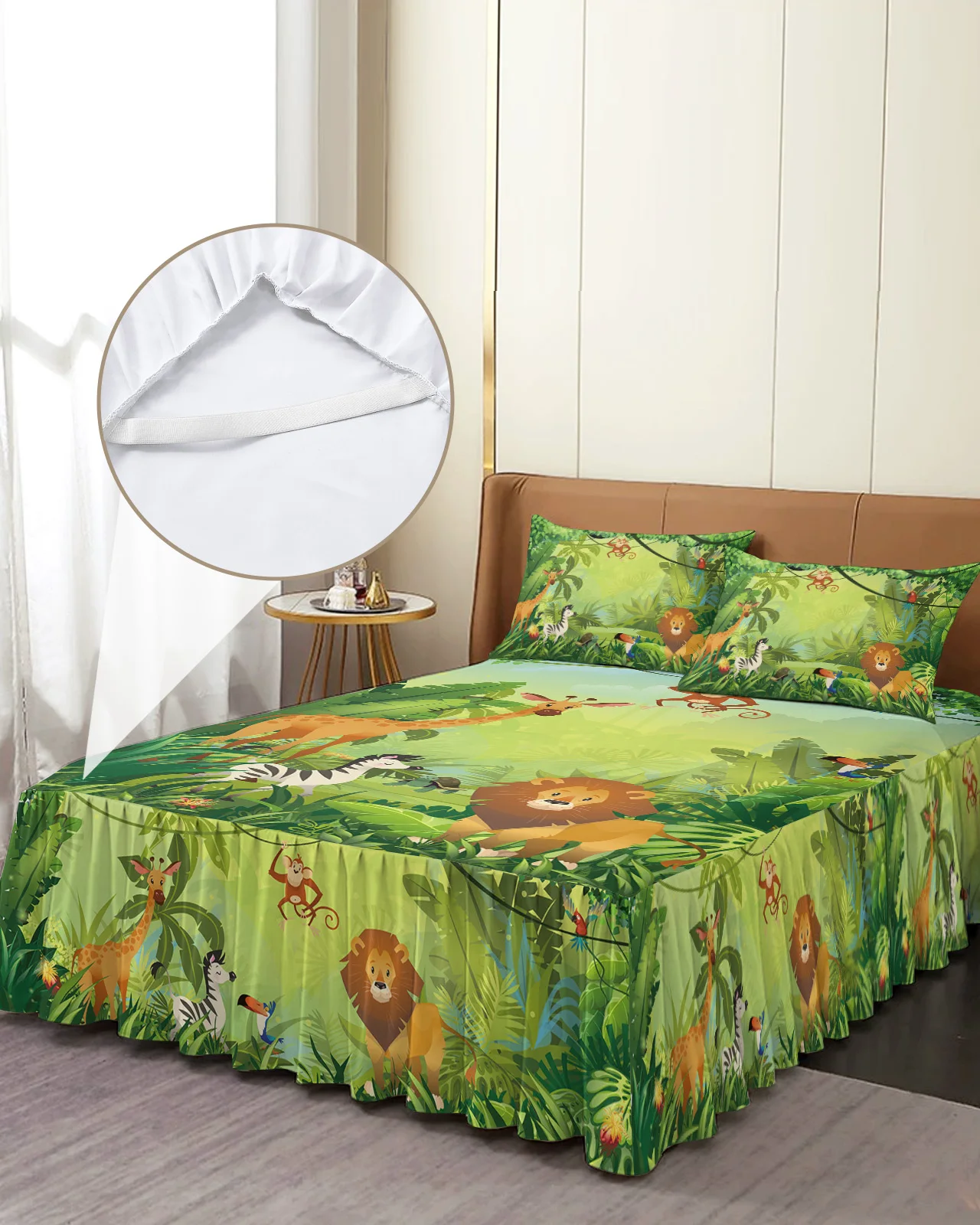 Tropical-Jungle-Cartoon-Animal-Lion-Bed-Skirt-Elastic-Fitted-Bedspread ...
