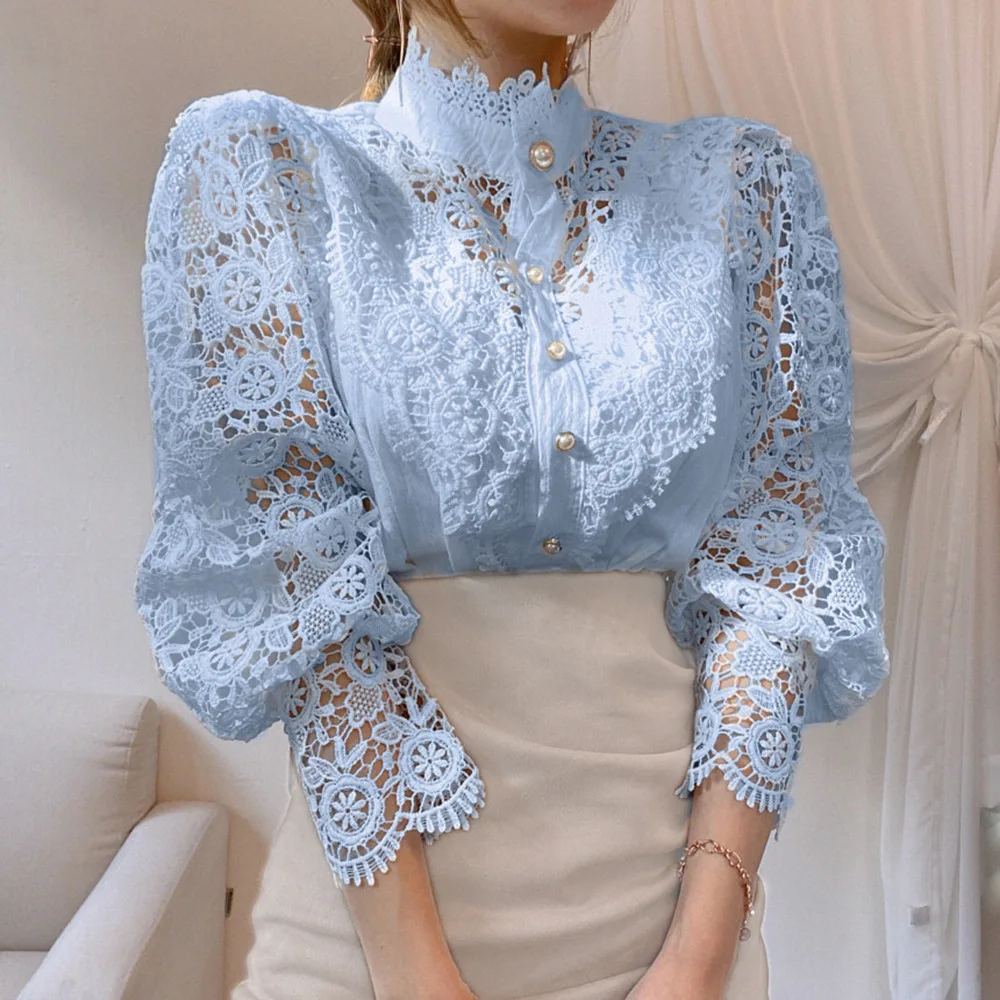 Women-s-Elegant-Embroidery-Lace-Blouses-Flower-Petal-Sleeve-Hollow-Out ...