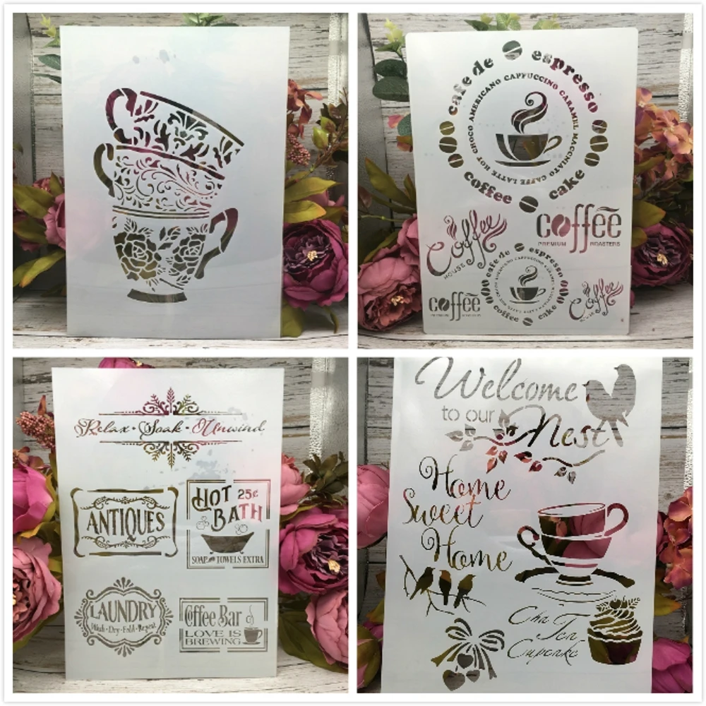 4Pcs-A4-29cm-Tea-Coffee-Cup-Words-DIY-Layering-Stencils-Wall-Painting ...