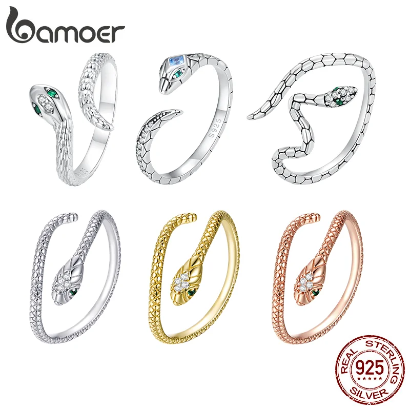 Bamoer 100% 925 Sterling Silver Viper Snake Open Ring Green Zircon ...