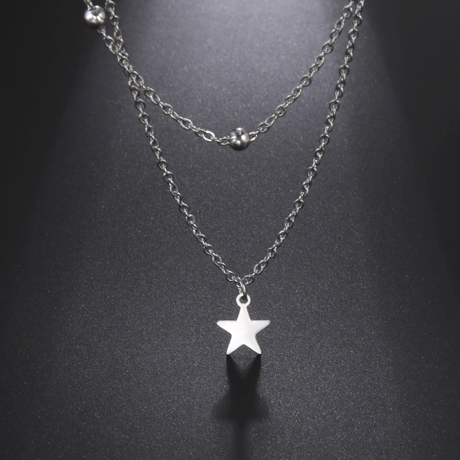 Double-Layer-Star-Pendant-Necklace-Stainless-Steel-Bead-Necklace ...