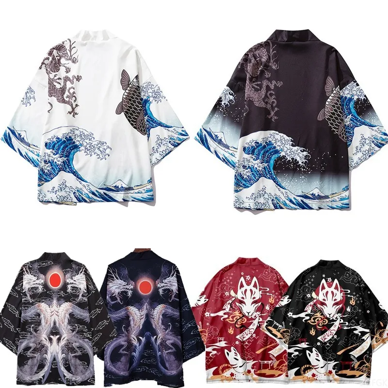 Chinese Style Harajuku Haori Printed Cape Kimono with Open Collar for ...