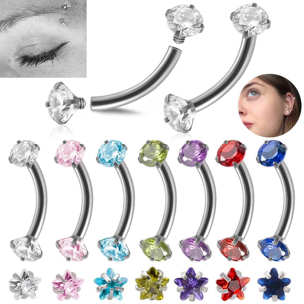 1PC Surgical Steel Eyebrow Barbell Piercing Curved Star Cubic Zirconia ...