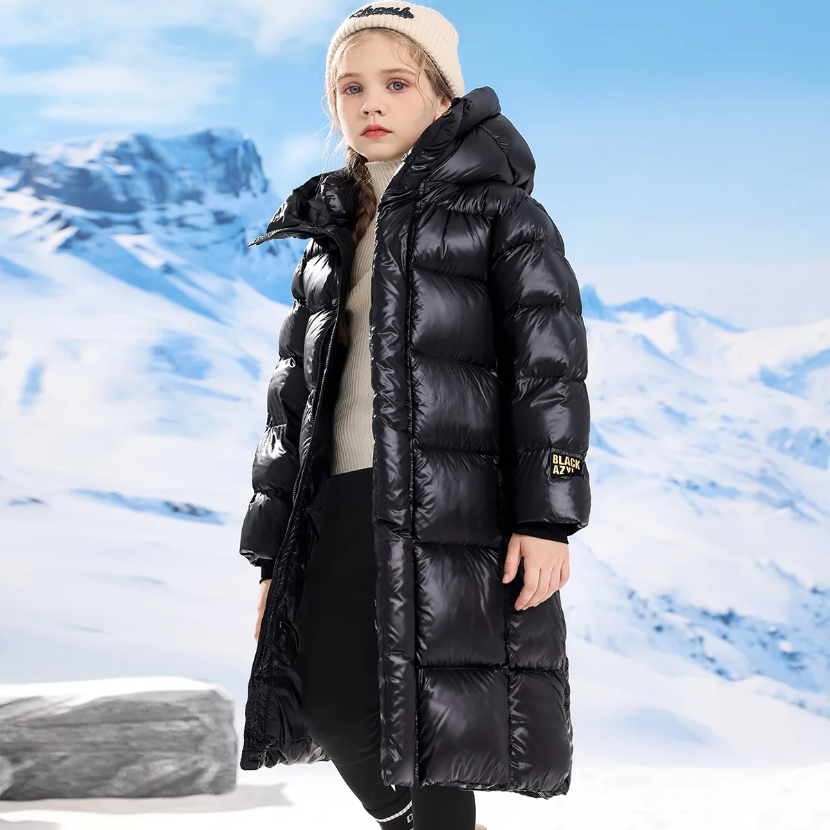 Winter-Warm-Girls-Black-Extra-Long-Cotton-Lined-Hooded-Zip-Puff-Jackets ...