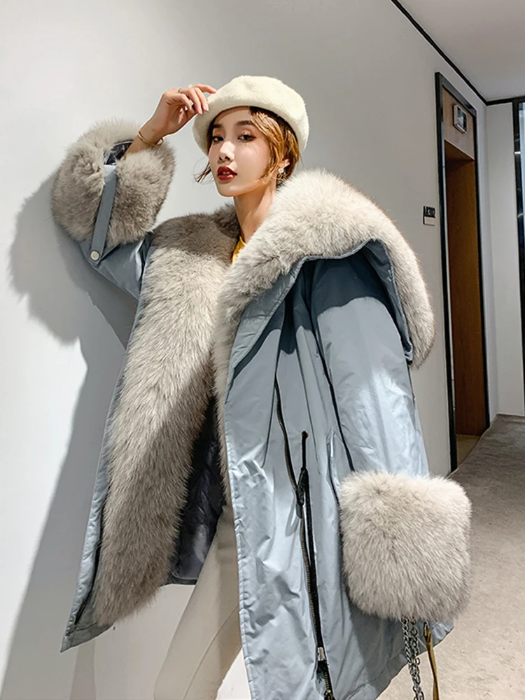 여성용 롱 인조 여우 모피 데님 재킷 롱 청바지 코트 루즈 빅 퍼 여성 스트리트웨어 오버사이즈 코트 겨울