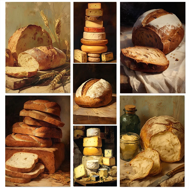 Vintage Oil Painting Art Fermentation Bread Cheese Still Life Posters ...