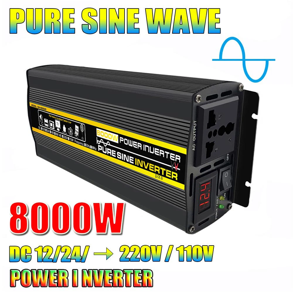 전원 인버터 DC 12V ~ AC 220V 8000W 순수 사인파 인버터, 6000W 220V 12V 자동차 24V 트럭 220V 가정용 전원 공급 장치 변환기 ...