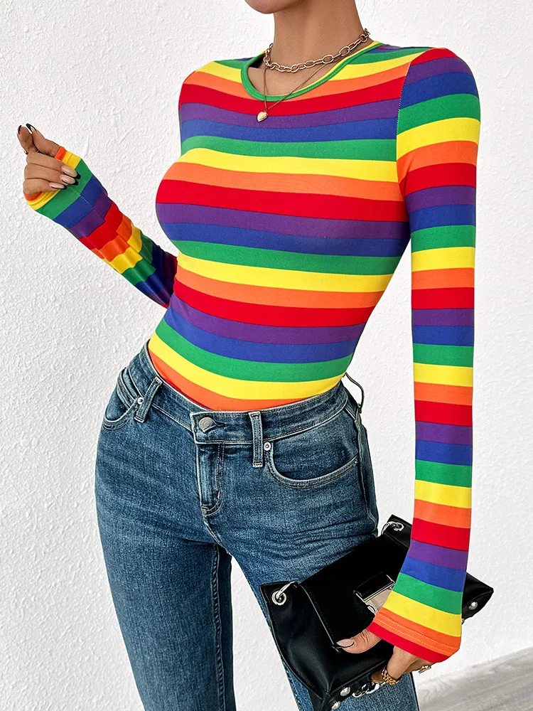 Camiseta-de-manga-larga-con-cuello-redondo-a-rayas-de-arco-ris ...