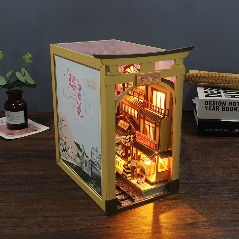 DIY-Wooden-Book-Nook-Shelf-Insert-Kits-Miniature-Cherry-Blossom-Train ...