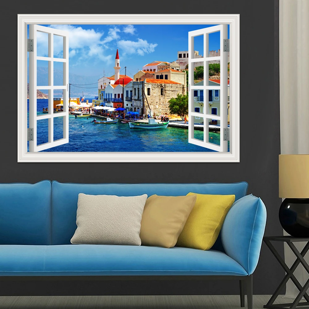 Greece City Landscape 3D Window View Wall Sticker Water City Vinyl ...