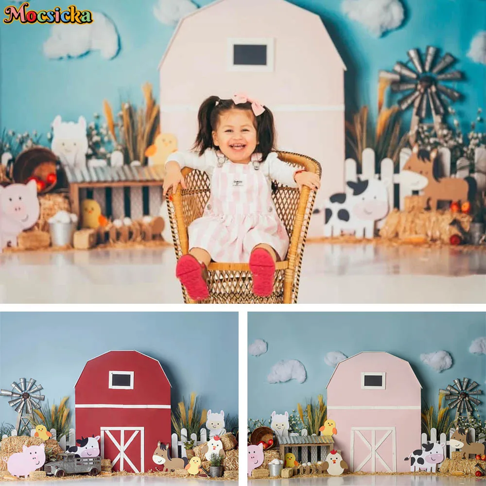 Cartoon Farm Baby Cake Smash Photography Backdrop Red Barn Cows Animals ...